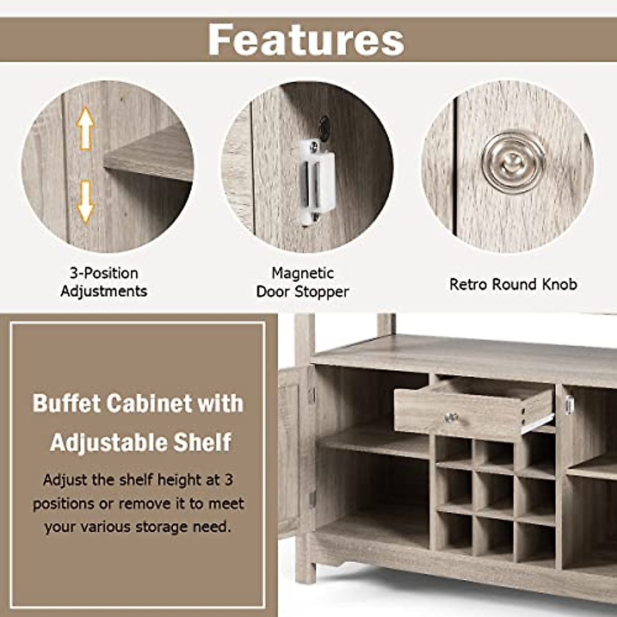 PETSITE Sideboard Buffet Cabinet with Storage, Wine Rack, Open Shelf, 2 Cabinets & Drawer, Wood Accent Coffee Bar Station Console Tables for Home Kitchen, Living Room, Entryway