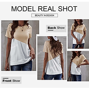 Biucly Women's Summer Casual Sexy Short Sleeve Crewneck Color Block Tee Loose Tops Tshirts for Womens 2025,US 12-14(L),Apricot,White