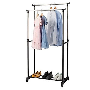 Karl home Adjustable Clothes Rack on Wheels Standard Double Rod, Simple Freestanding Garment Rack Rolling Metal Clothing Organizer for Coat Hanging Dorm Bedroom Black Silver