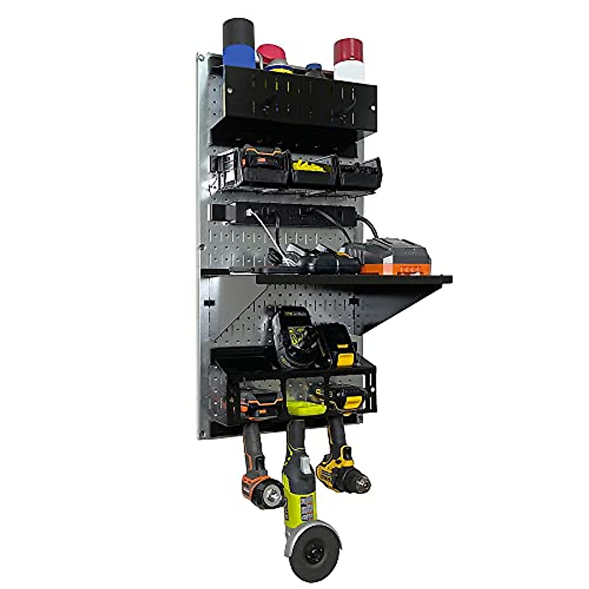 Wall Control Power Tool Storage Organizer Kit Cordless Drill Holder Charging Station Rack 16” x 32” Metal Pegboard Organization System (Metallic Pegboard)