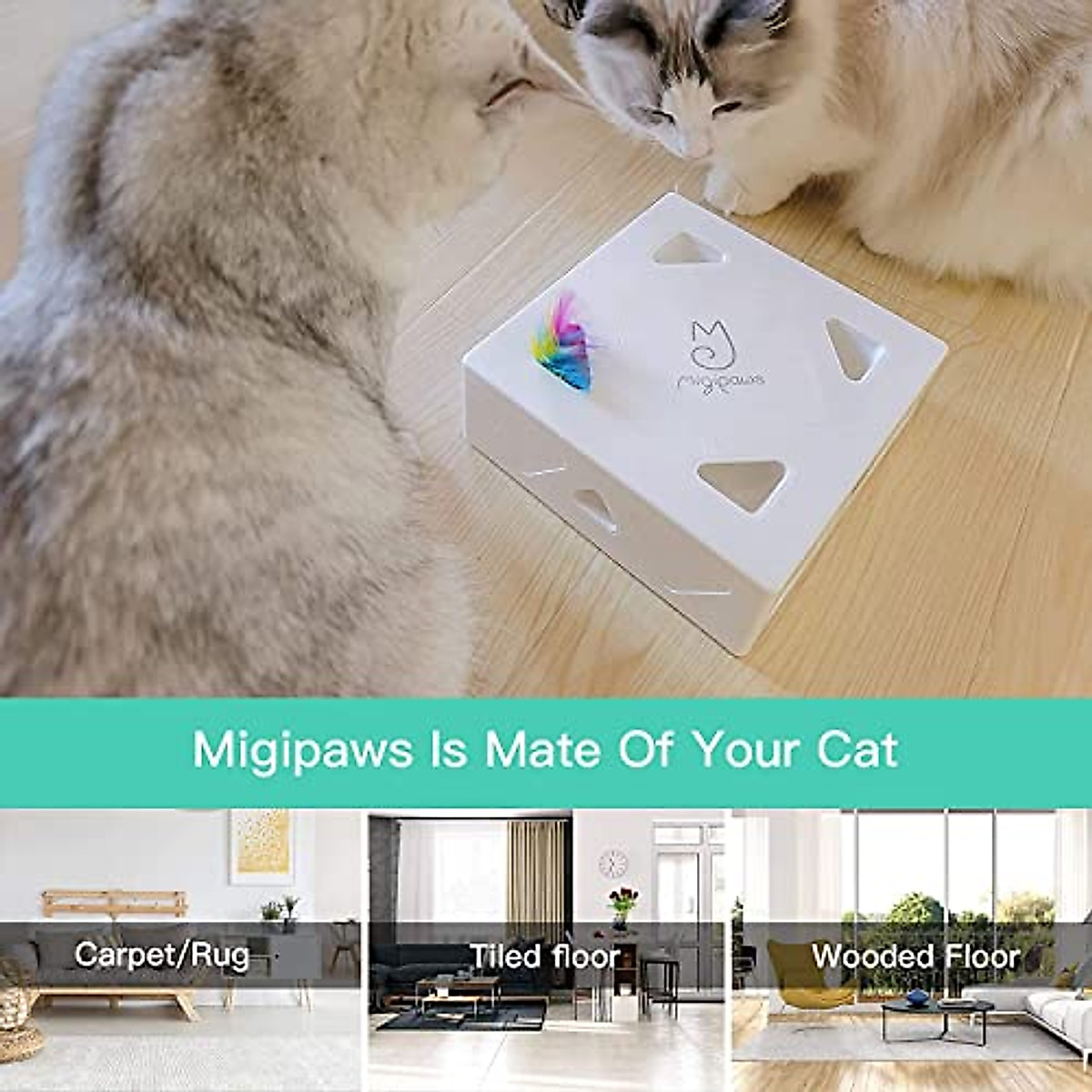 Migipaws Cat Toys, Interactive Automatic 7 Holes Mice Whack-A-Mole, Ultra Fun Smart Teaser Toy for Indoor Cats, USB Rechargeable, 4 Pieces Feather Refills