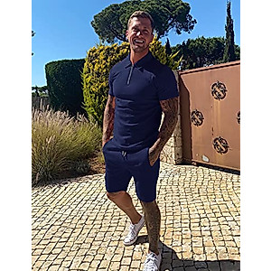 URRU Mens Classic 2 piece Polo Shirts Zipper Short Sleeve Solid Casual Slim Fit Basic Lapel Polos and Shorts Navy XXL