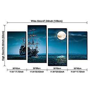 Pyradecor Night Navigation 4 Piece Modern Stretched and Framed Seascape Artwork Giclee Canvas Prints Moon Pictures Paintings on Canvas Wall Art for Living Room Bedroom Home Decorations