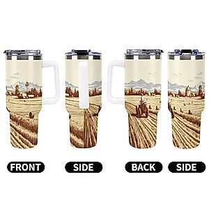 40 Oz Farmer with Bales Insulated Stainless Steel Tumbler with Handle & Straw Lid, Reusable Travel Cupholder Friendly Mug for Coffee, Water, Tea