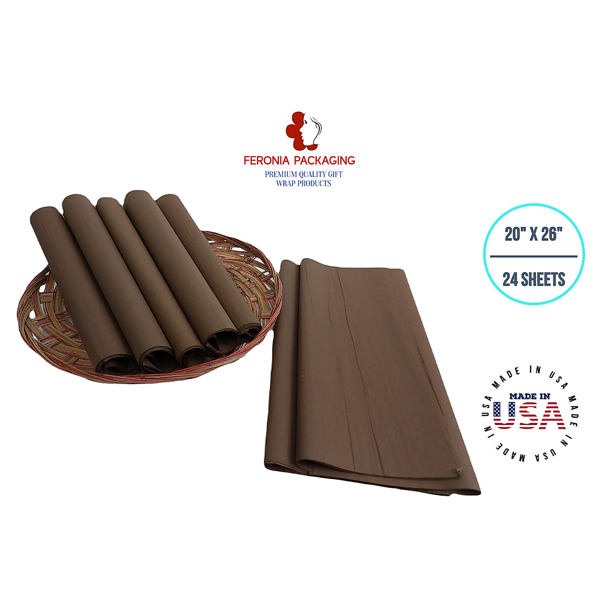 Chocolate Tissue Paper Squares, Bulk 24 Sheets, Premium Gift Wrap and Art Supplies for Birthdays, Holidays, or Presents by Feronia packaging, Large 20 Inch x 26 Inch