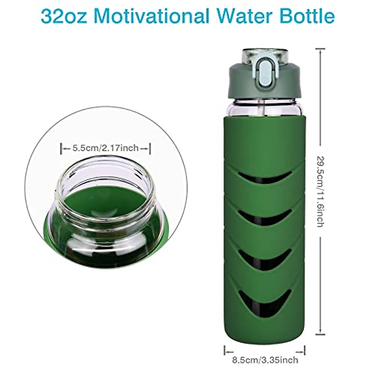 Justfwater 32 oz Borosilicate Glass Water Bottle with Straw Reusable Glass Drinking Bottle with Flip Top Lid and Silicone Sleeve (Green)