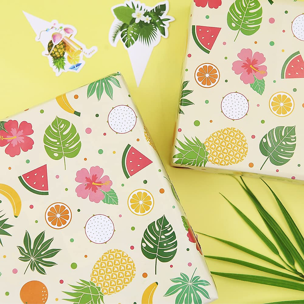 Aloha Floral Hawaiian Luau Wrapping Paper 6 Sheets, Pitaya Pineapple Orange Banana Watermelon Lemon Summer Fruit Floral Monstera Palm Turtle Leaves Tropical Island Themed Wrap Paper Sheet for Gift Wrapping, Birthday, Baby Shower, Aloha Hula Party Decorati