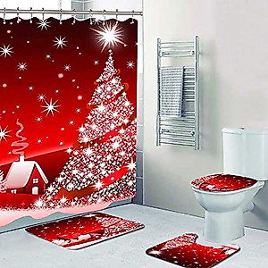 Jlong Merry Christmas Shower Curtain Sets for Bathroom, 4Pcs Xmas Elk Snowman Bell Shower Curtain Non-Slip Bathroom Rugs Lid Toilet Cover Bath Mat and 12 Hooks, Durable Waterproof Bathroom Set Decor