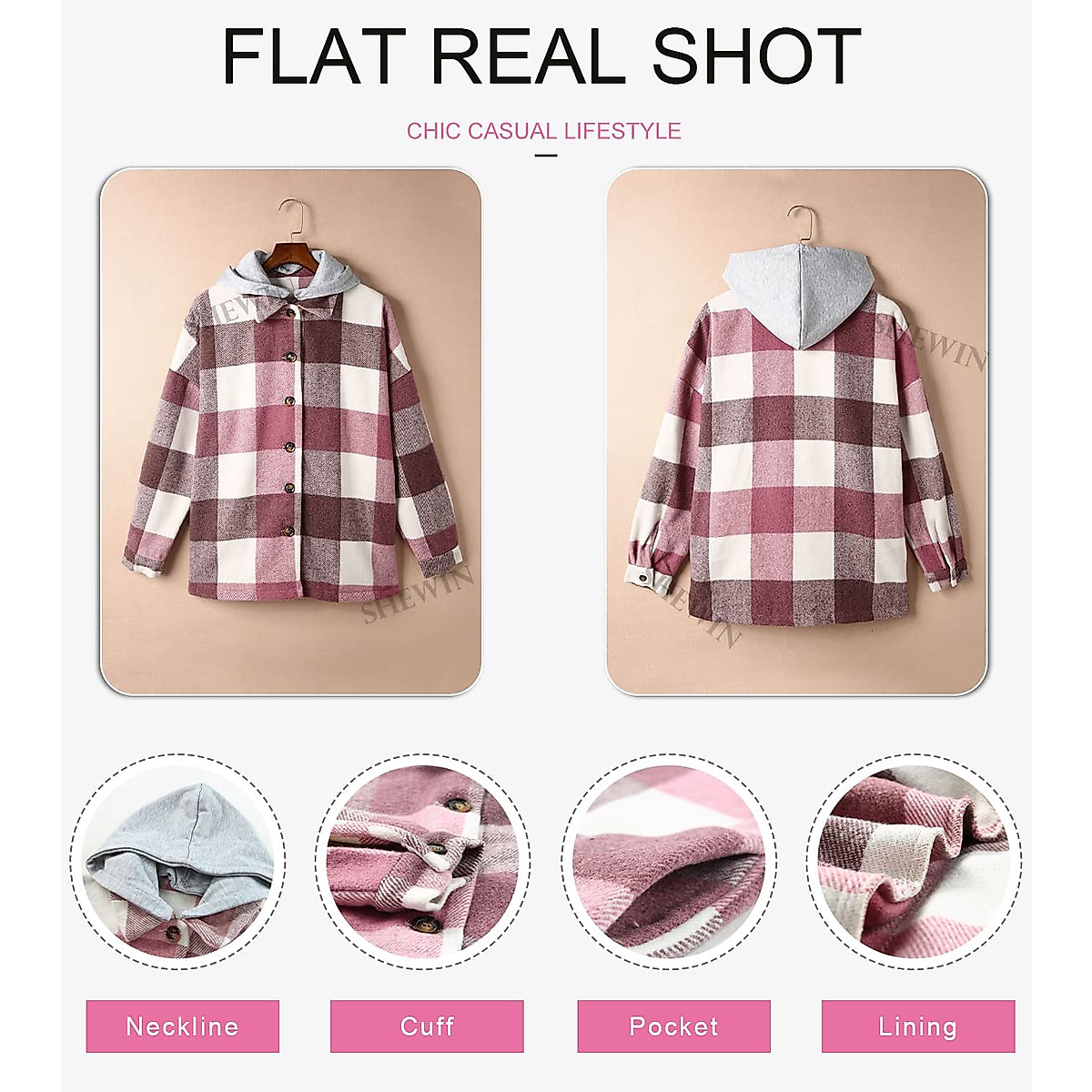 SHEWIN Womens Casual Plaid Hooded Flannel Shirts Casual Fall Long Sleeve Button Up Shacket Jacket Coat Tops with Pockets,US 12-14(L),Rose