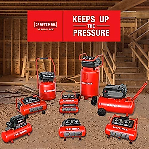 Craftsman Air Compressor, 10 Gallon Peak 1.8 Horsepower Oil-free Compressor, Max 150 PSI, Vertical Compressor Air Tools, Model: CMXECXA0331042, Red