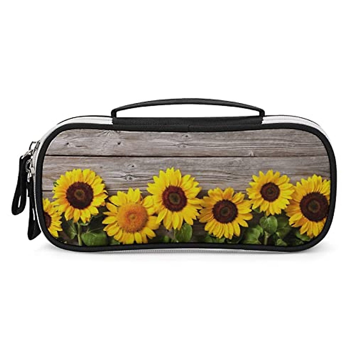 Autumn Sunflower Planks Printed Pencil Case Bag Stationery Pouch with Handle Portable Makeup Bag Desk Organizer