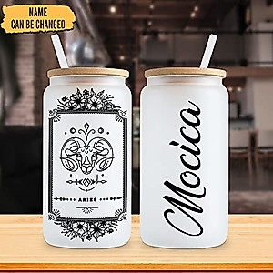 Hyturtle Personalized Glass Cup Aries Zodiac Sign Glass Cup With Bamboo Lid & Straw 12oz16oz Astrology Glass Cup Gift For Mothers Day Friend Mom Sister Coworker Female Women Her Wife Birthday Women