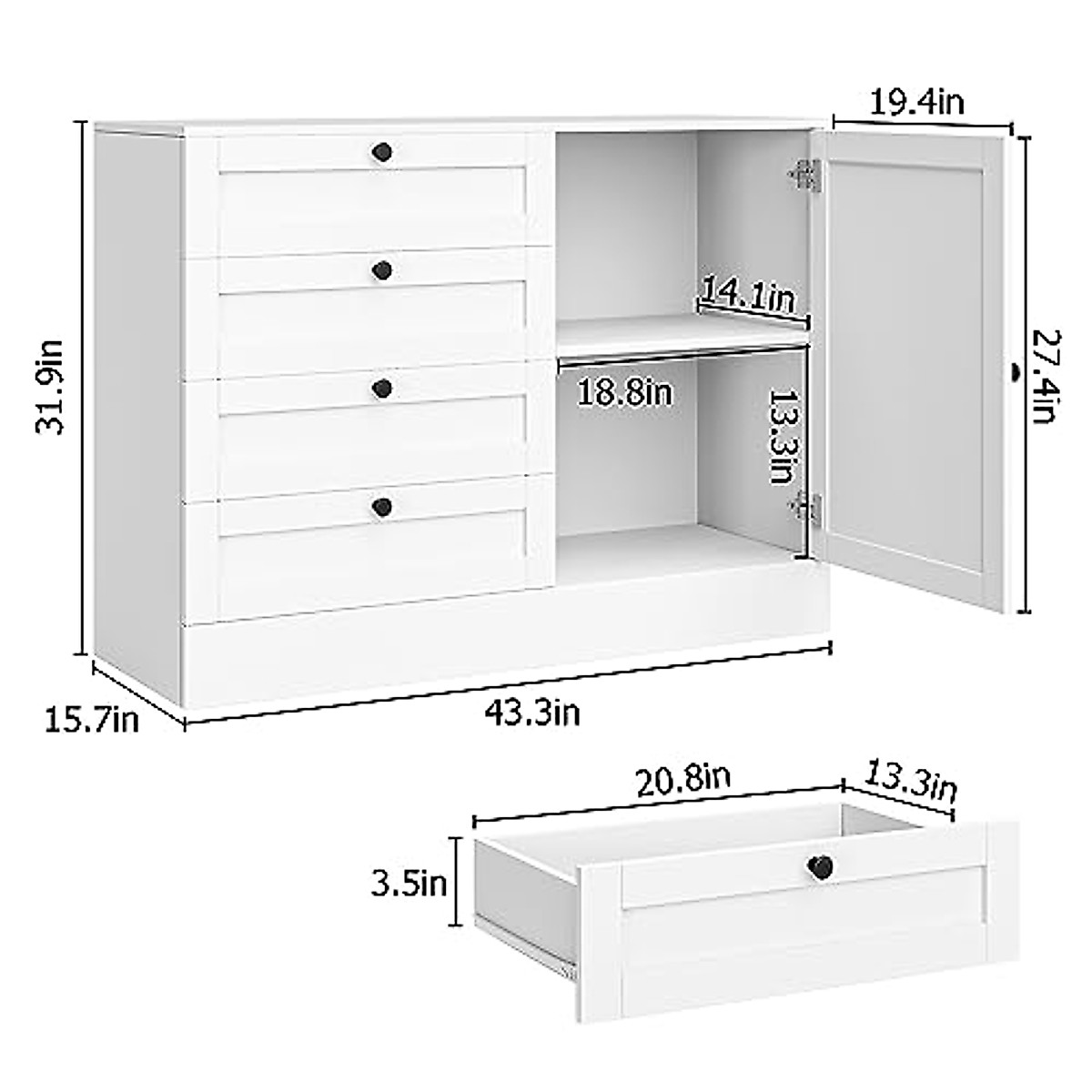 HOSTACK 4 Drawer Dresser with Door, White Chest of Drawers, Modern Storage Cabinet with Shelves | Deep Space, Wide Dresser Sideboard Buffet for Living Room, Dining Room, Hallway, White