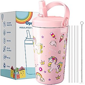 Opreine Kids Tumbler with Lid and Straw, 14oz Insulated Water Bottle with Straw, Stainless Steel Kids Cup for Girls, Double Wall Vacuum Thermos Water Bottle for School Sports Travel, Pink Unicorn