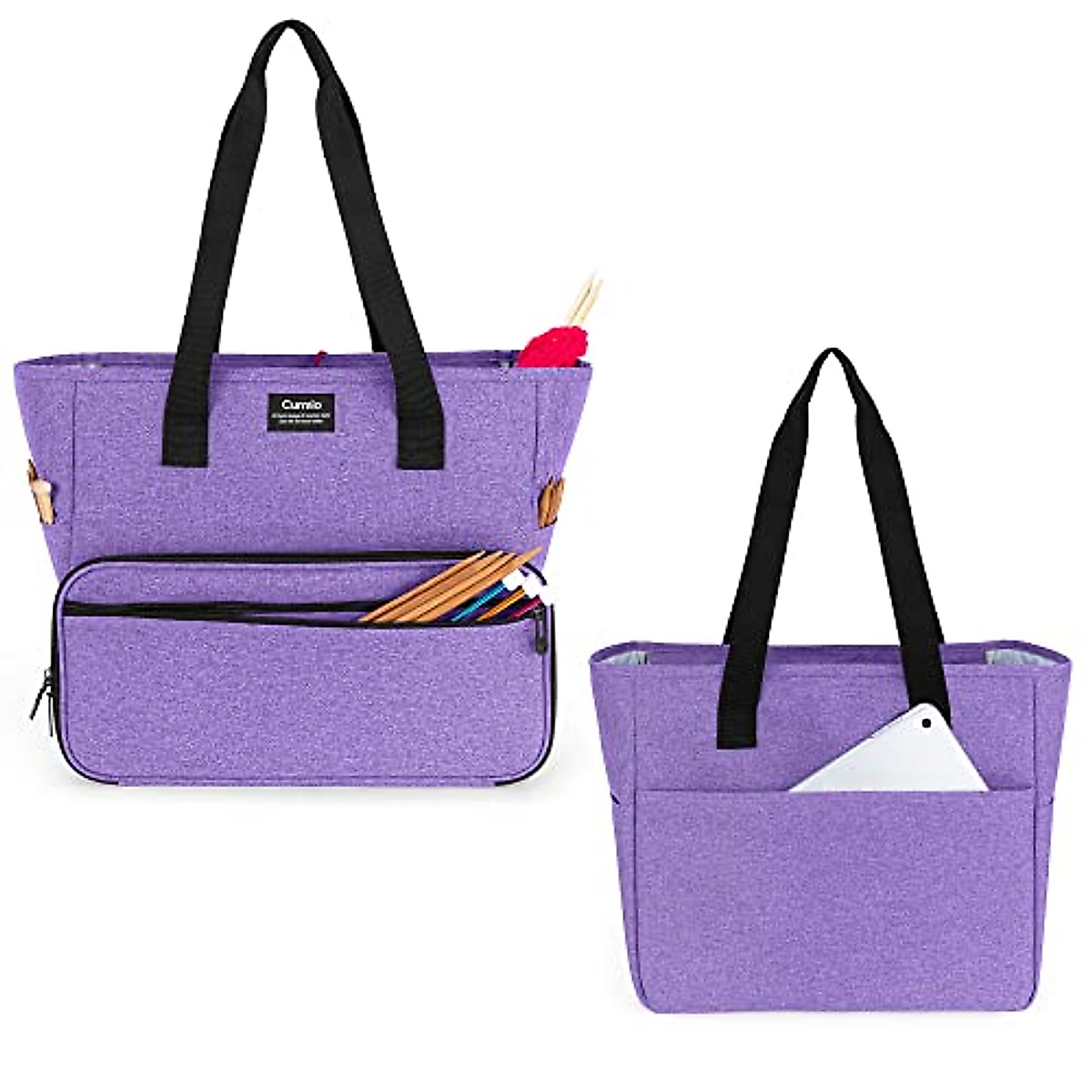 CURMIO Yarn Storage Bag, Knitting Tote Bag for WIP Project, Crochet Hooks, Knitting Needles and Yarn Skeins, Bag Only, Purple (Patented Design)