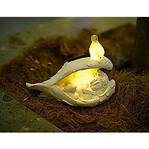 HONGRUIART Solar Sleeping Baby Angel Statue, Solar Light Cherub Angel in Wings with Bird, Memorial Guardian Angel Bady Statue Indoor and Outdoor Home Garden Decoration