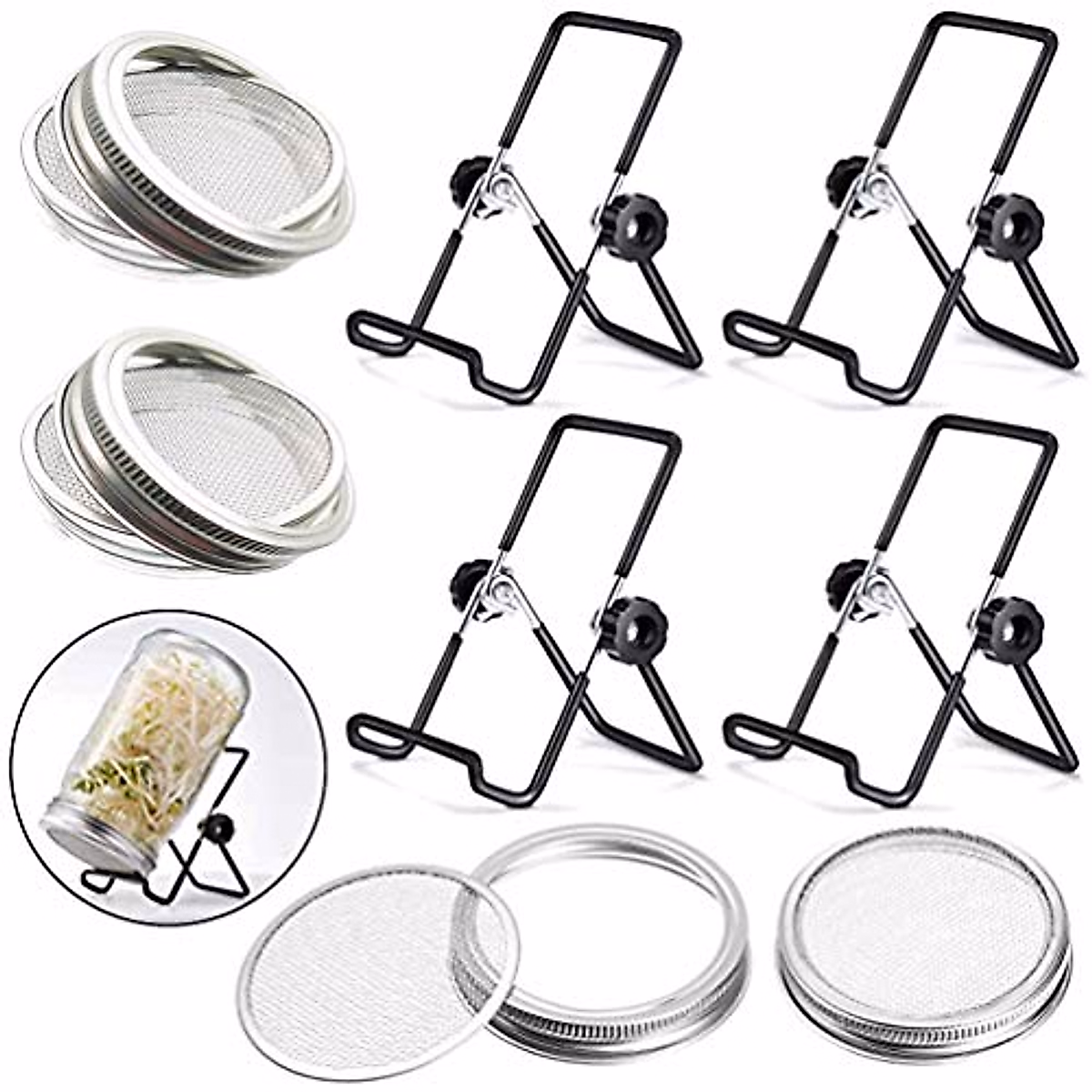 Sprouting Jar Lid (32oz Glass Jars) with 4 Pack Stainless Steel Sprouting Stands for Wide and Wide Mouth Mason Jar for Growing Organic Sprouts, Stainless Steel, 4 Pack