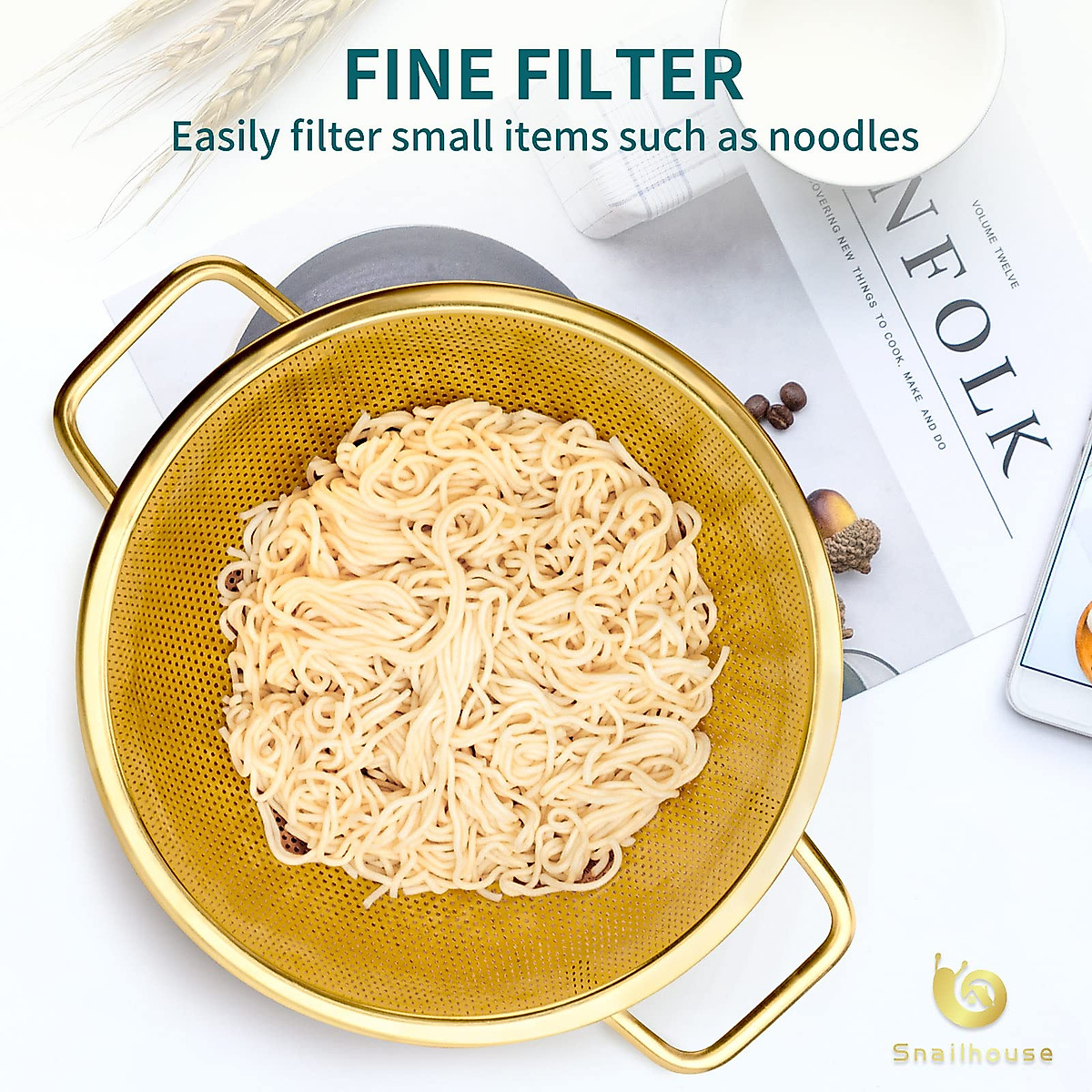 Snailhouse Colander, 3 Quart Stainless Steel Pasta Rice Food Metal Strainer with Handles and Self-draining Base for Kitchen, Gold