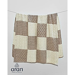 Aran Woollen Mills Patchwork Intarsia Merino Wool Irish Blanket,Wicker/White,One Size