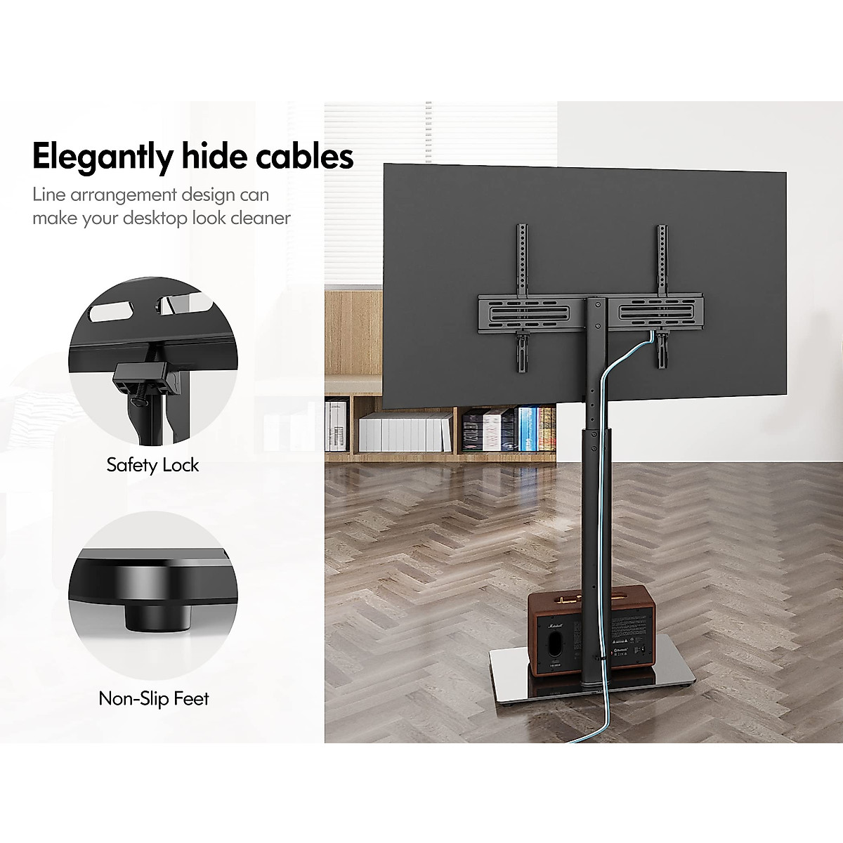 FITUEYES Universal TV Stand for 32 39 40 43 49 50 55 60 Inch TVs, TV Floor Stand with Swivel Mount, Max Holds 66lbs, Black Glass Base, Height Adjustable, Perfect for Corner & Bedroom