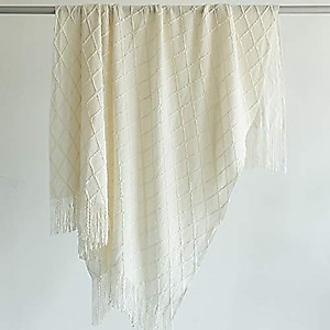 Decorative Diamond Pattern Knit Throw Blanket with Fringe, White