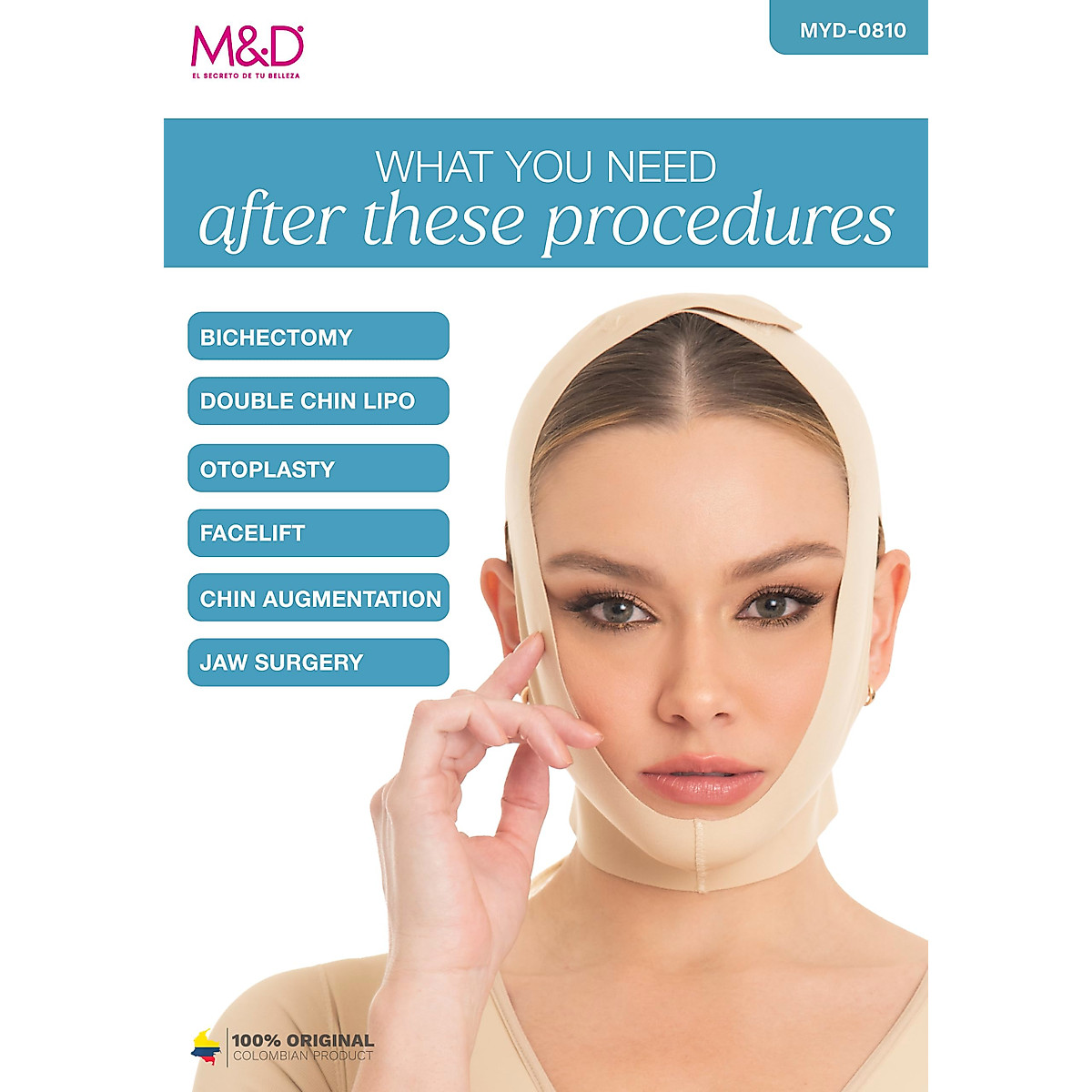 M&D Face Slimming Chin Strap Lipo Compression Garment Mentonera Postquirúrgica Facial Beige M