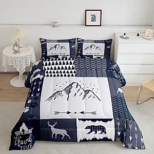 Deer Bear Bedding Set Cartoon Animals Decor Deer Bear Hunting Comforter Set for Kids Boys Girls Children Western Farmhouse Comforter Ultra Soft Decor Arrow Blue Duvet Set Full Size