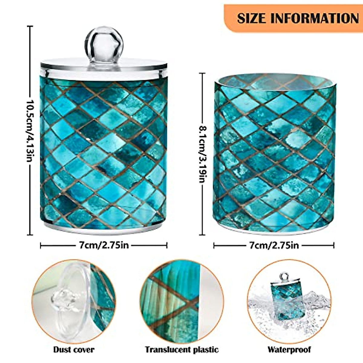 Turquoise Glass Mosaic Qtip Holder Dispenser Teal Geometric Bathroom Canister Storage Organization 2 Pack Clear Plastic Apothecary Jars with Lids Vanity Makeup Organizer For Cotton Ball Swab Floss
