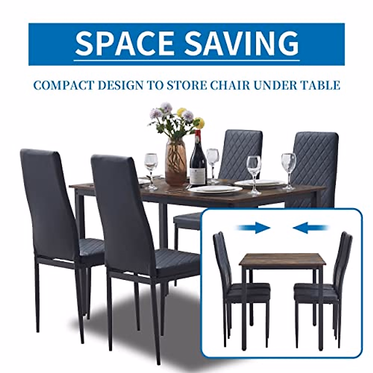 Tassullo Dining Table and Chair Set for 4, 47 Inch MDF Tabletop Kitchen Table Set with High Back PU Leather Chairs, Nesting for Space Saving (Table & Chair Set)