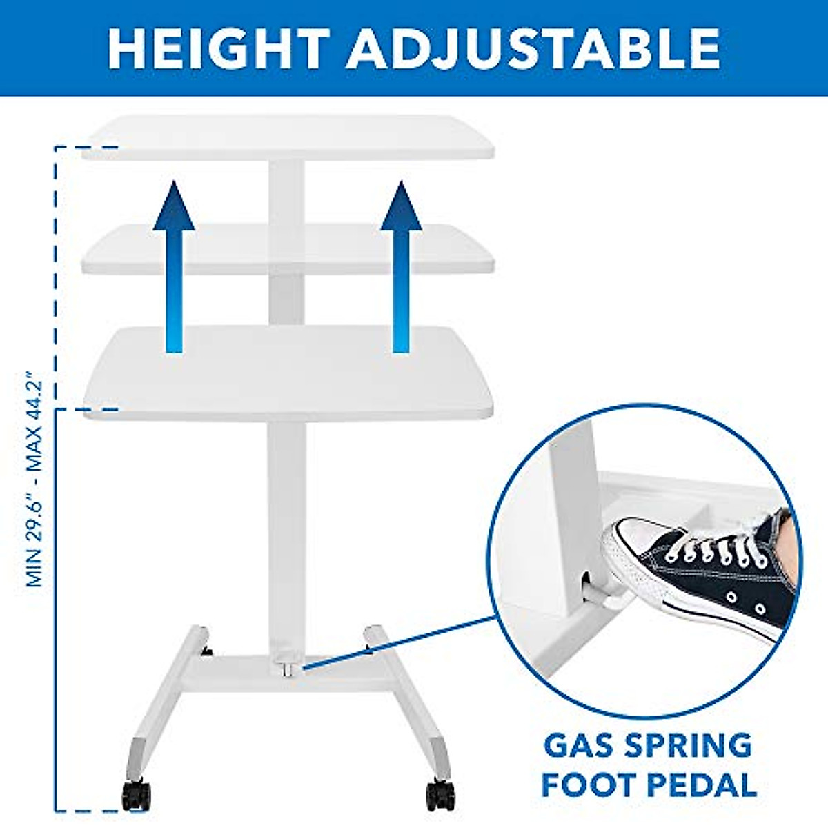 Mount-It! Adjustable Rolling Laptop Desk with Wheels [23.6" x 20.5"] Sit Stand Mobile Workstation Cart with Pneumatic Spring Lift for Height Adjustment, Rolling Computer Table, Foot Pedal (White)