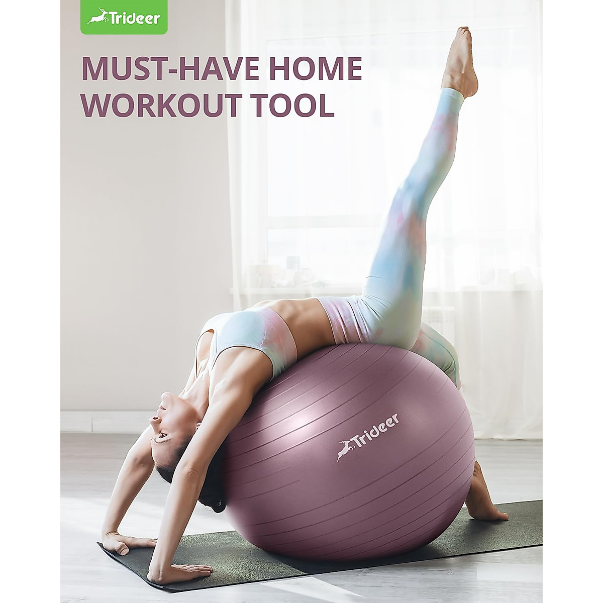 Trideer Yoga Ball - Exercise Ball for Workout pilates Stability - Anti-Burst and Slip Resistant for physical therapy, Birthing, Stretching & Core Workout, Office Ball Chair, Flexible Seating, Home Gym