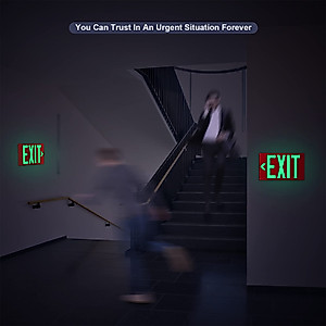 Photoluminescent Exit Sign Aluminum - Adhesive Backing Glow In The Dark - Removable Arrows Included - 12x7 Inches - Non Electrical Red Exit Light For 50 Feet Visibility (1 Pack)