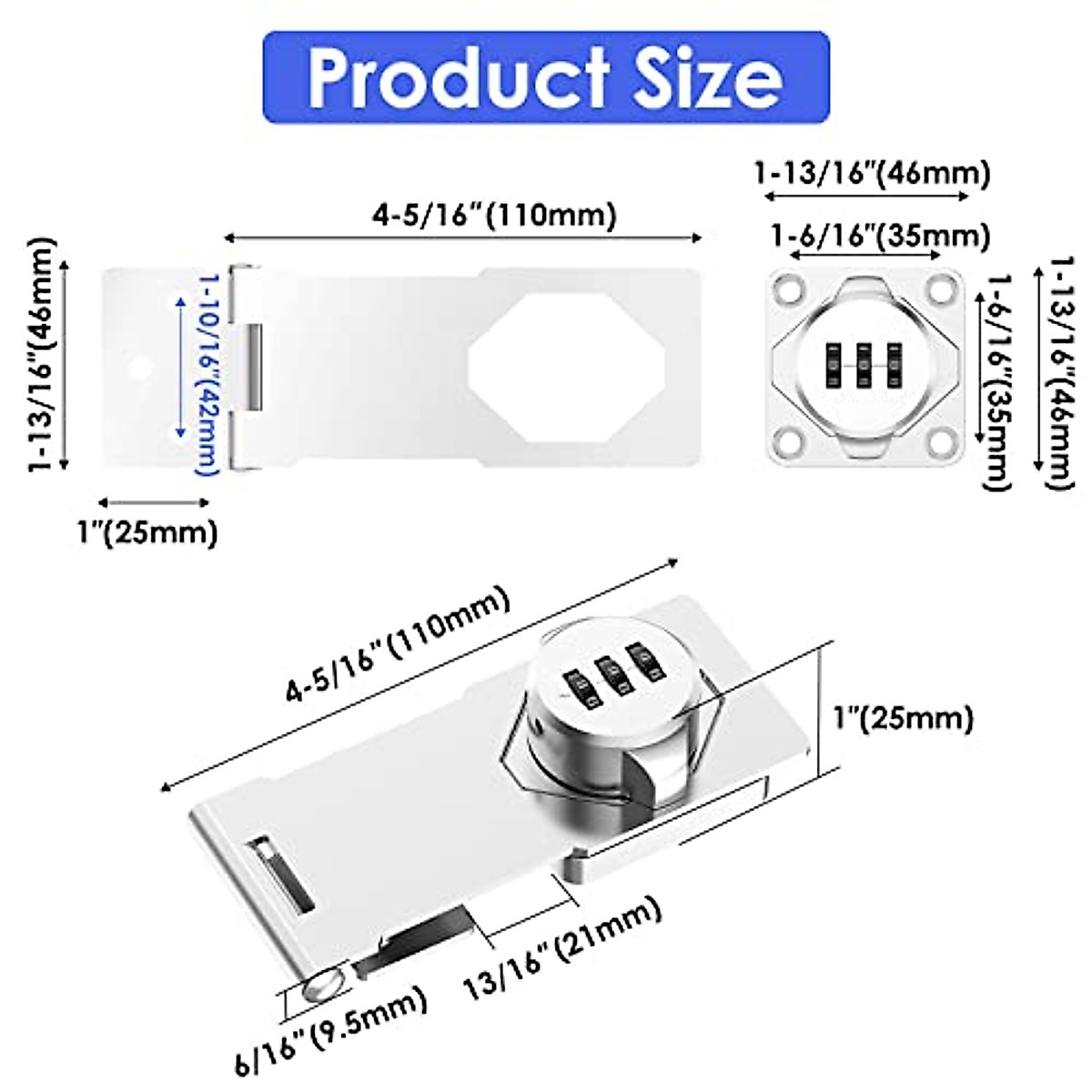 Mechanical Password Rotary Hasp Locks, Door Security Slide Latch Lock for Small Doors, Cabinets, Barn Door, Bathroom, Outdoor, Garage, Garden (2 Packs Silver)