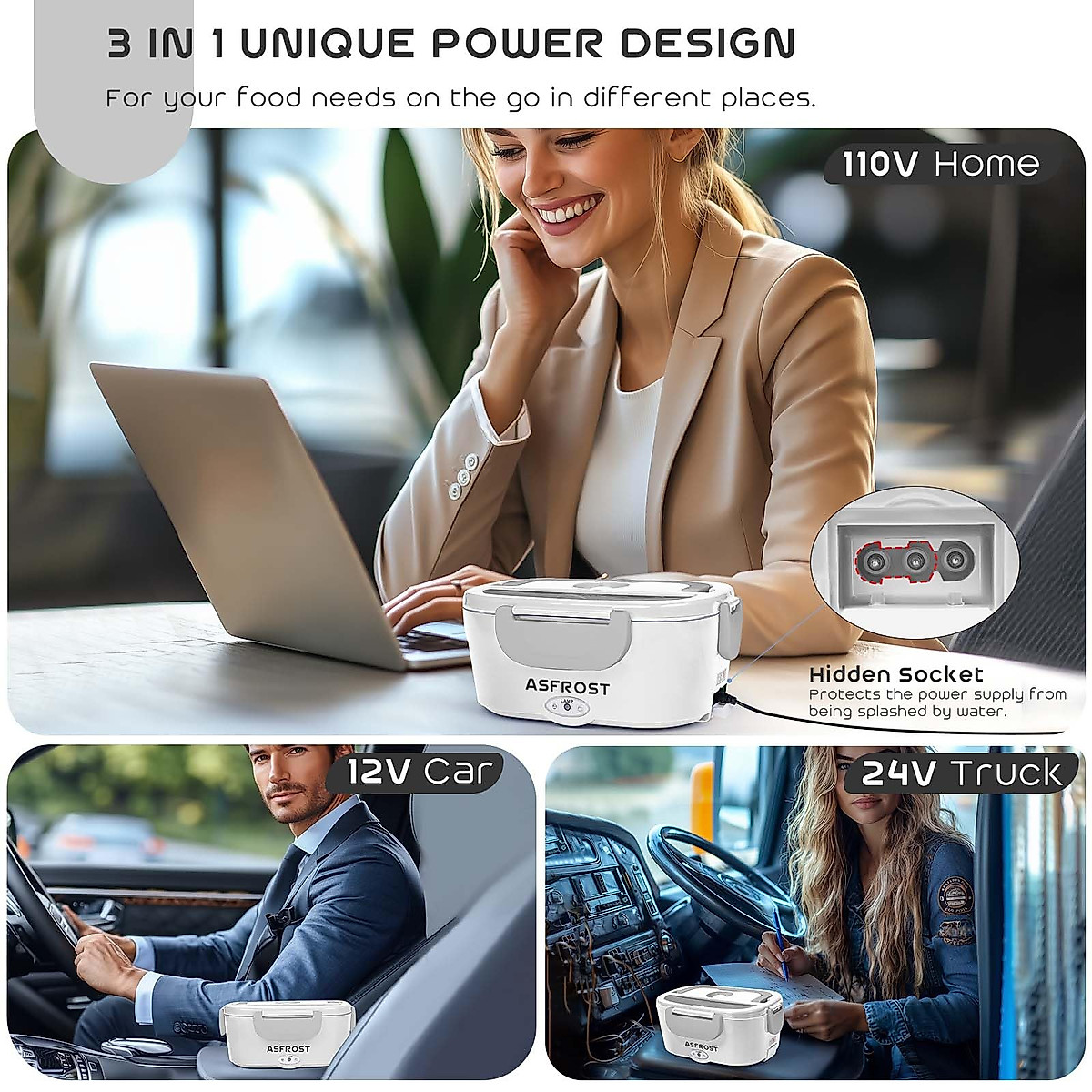 Electric Lunch Box for Car and Home, Work Office - 12V-24V/110V Portable Food Warmer Heater Lunch Box for Men & Adults With 304 Food-Grade Stainless Steel Container 1.5L, SS Fork & Spoon - Grey