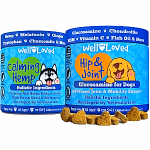 Well Loved Calming Chews for Dogs + Glucosamine for Dogs Hip and Joint Supplement, Vet Developed, Made in The USA, Natural Ingredients