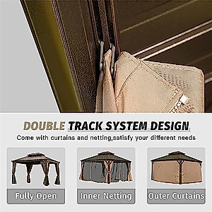 RITSU 12'x14' Gazebo, Outdoor Aluminum Frame Canopy with Hardtop Galvanized Steel Double Roof, Outdoor Permanent Metal Pavilion with Bugs Netting, Privacy Curtains for Patio, Backyard and Lawn, Brown