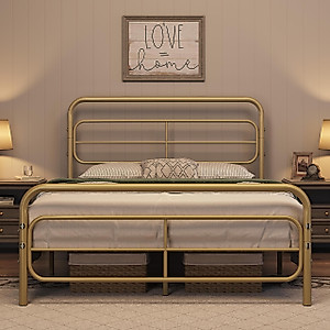 Yaheetech Queen Bed Frame Metal Platform Bed with Geometric Patterned Headboard, Mattress Foundation with Under Bed Storage/Sturdy Slat Support, No Box Spring Needed, Antique Gold