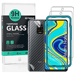 Ibywind Screen Protector For Redmi Note 9S/9 Pro,with 2Pcs Tempered Glass,1Pc Camera Lens Protector,1Pc Backing Carbon Fiber Film [Fingerprint Reader,Easy to install]