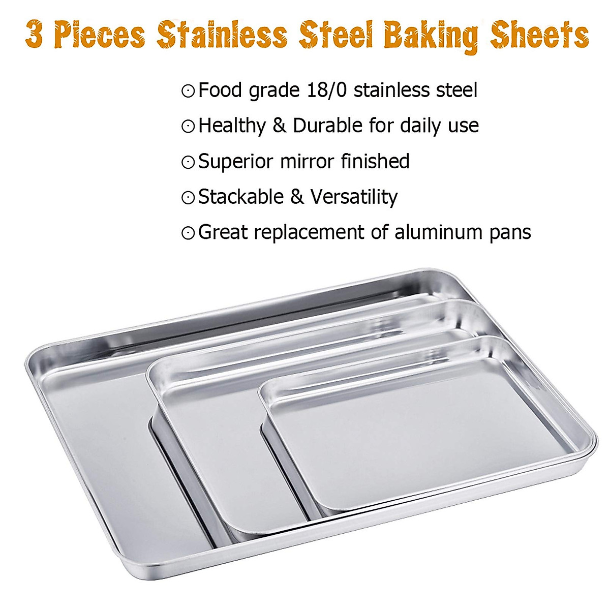 TeamFar Baking Sheet Set of 3, Stainless Steel Cookie Sheet Baking Tray Pan, Healthy & Non Toxic, Mirror Finish & Rust Free, Easy Clean & Dishwasher Safe