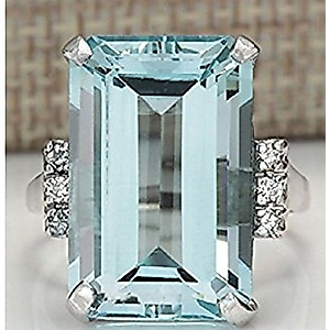 Zhiwen DOCCESTU Vintage Fashion Women 925 Silver Aquamarine Gemstone Ring Engagement Wedding Jewelry Size 5-11 (8#)