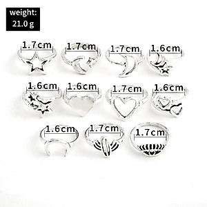 HUJUON 11-14 Pcs Silver Knuckle Stackable Finger Ring,Cute Cat Paw Joint Midi Rings,Hollow Star Moon Rings,Love Heart Cactus Open Ring Jewelry for Women (Silver 11Pcs)