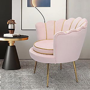MoNiBloom Upholstered Velvet Chair for Bedroom Makeup Room, Light Pink Shell Chair Mid-Century Modern Leisure Guest Chair for Living Room with Cushion and Metal Legs, Retro Arm Chair, 250 lbs Capacity