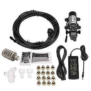 Misting Cooling System 12V Outdoor Water Pump Electric 20 Feet 6 Meter Mist Nozzles Spray Fan Mist System for Patio Water Spray Garden Greenhouse Mist Plants Roofline (12meter (40feet) + pump)