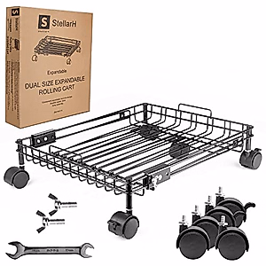 Expandable Rolling Basket Under Bed Storage Container with Wheels - Rolling Metal Storage Basket for Kitchen, Pantry, Garage Storage Organization Small Storage Bin Expandable (2 sizes) to 26 Inches