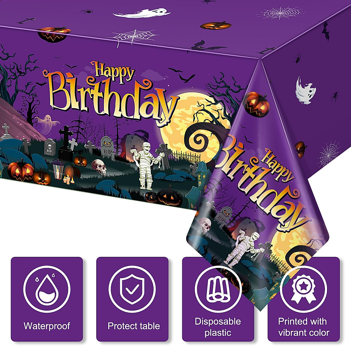 3 Pack Halloween Birthday Party Tablecloth, Happy Birthday Halloween Table Cover, Pumpkin Ghost Spooky Castle Halloween Party Supply for Boy Kids Girl, Halloween Birthday Party Decoration 108x54 Inch