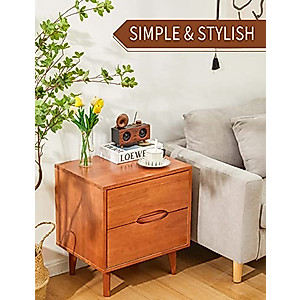 Mid Century Modern Grooved Handle Wood Nightstands Side Table Bedroom Storage Drawer and Shelf Bedside End Table, 2 Drawer (Caramel)