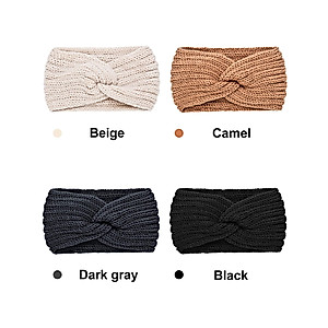 TecUnite 4 Pieces Chunky Knit Headbands Braided Winter Headbands Ear Warmers Crochet Head Wraps for Women(Black, Dark Grey, Camel, Beige)