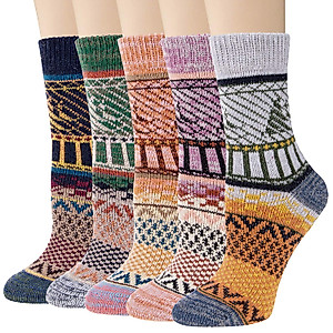Loritta 5 Pairs Womens Wool Socks Thick Warm Soft Winter Knit Cozy Crew Socks Christmas Gifts,E-Stripe