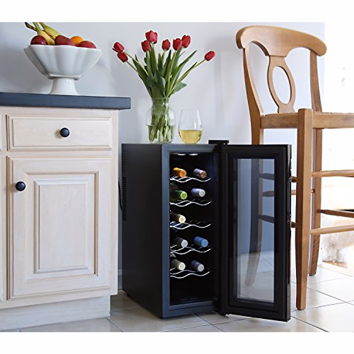 Ivation 12 Bottle Thermoelectric Red And White Wine Cooler/Chiller Counter Top Wine Cellar with Digital Temperature Display, Freestanding Refrigerator Smoked Glass Door Quiet Operation Fridge,Black