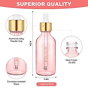 KURTOTEP 24 Pack 2 oz Glass Dropper Bottle with Top Cap Pink Tincture Bottles, 2 Plastic Eye Droppers Measured Pipettes, Essential Oil Bottles Perfume Cosmetic Travel Liquid Containers (pink, 24)